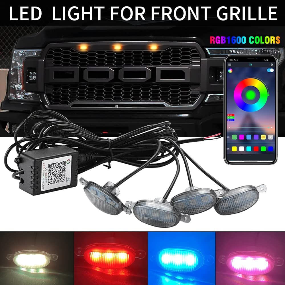 4/8 In 1 LED Grille Lights APP Control DIY RGB Front Grille Atmosphere ...