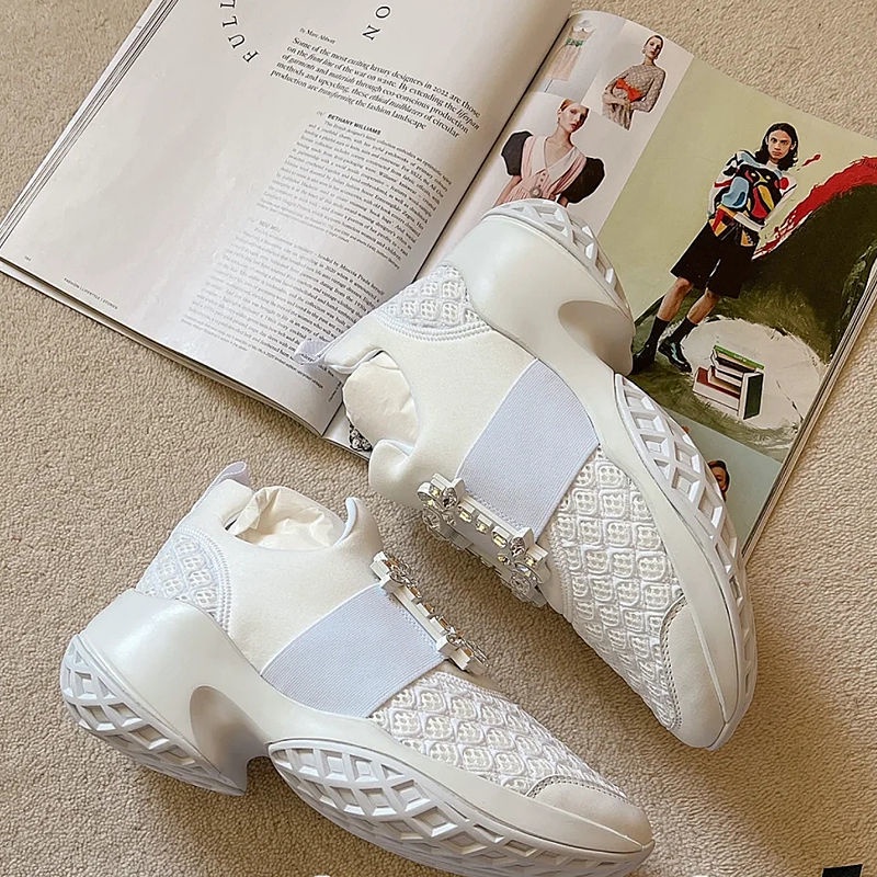 Square Diamond Daddy Shoes Women White Platform Sole Fashion Mesh ...