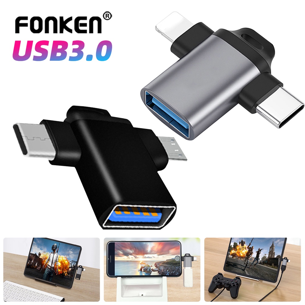 Fonken 2 In 1 OTG Adapter Micro USB/Type C/iOS Male To USB 3.0 Female ...
