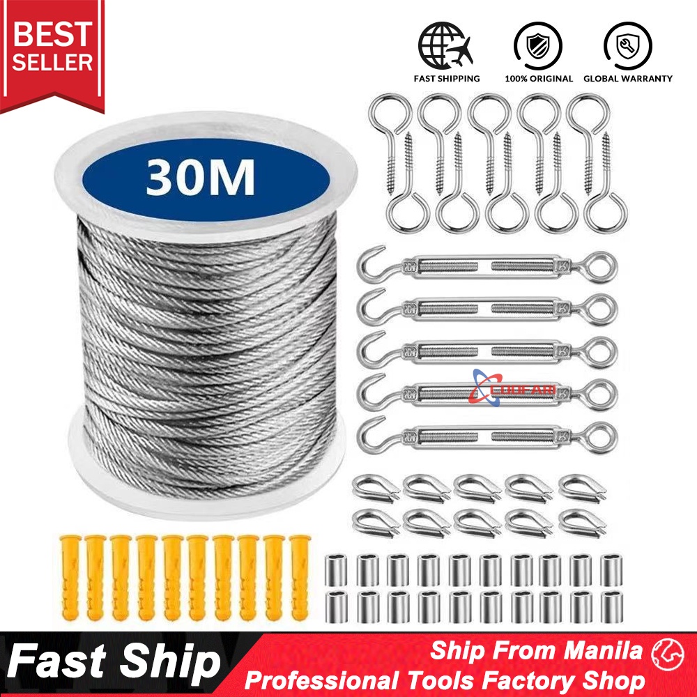 COOFARI 30M 50M 2mm Stainless Steel Wire Rope Cable Hooks Hanging Kit ...