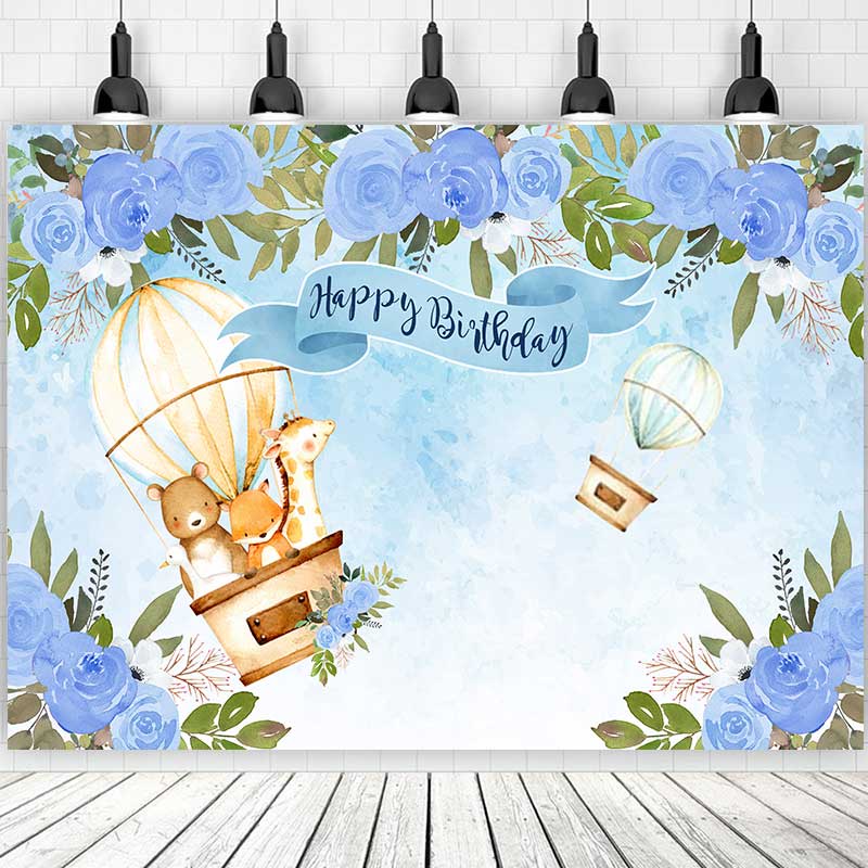 Cute Zoo Animals with Hot Air Balloon Birthday Backdrop For Photography ...