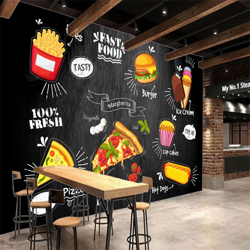Custom Blackboard Fast Food Wallpaper Industrial Decor Pizza Hamburg ...