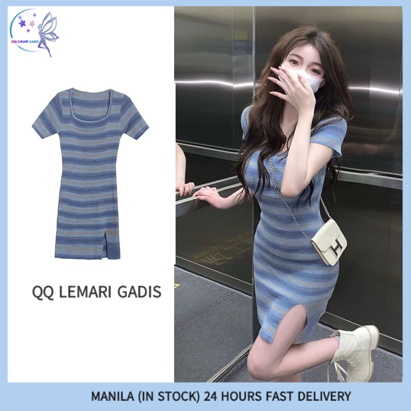 Slim fit Skirt for women Short sleeve Knit Bodycon Dresses Stripe ...