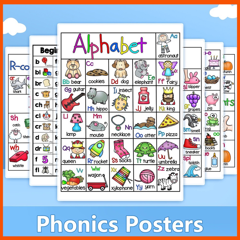 6 Pcs English Phonics Posters Language Arts Charts for Kids Toddler ...