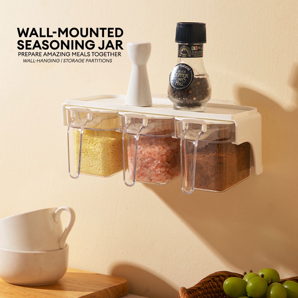 3pcs Seasoning Jars with Spoon Wall Mounted Detachable Condiment ...