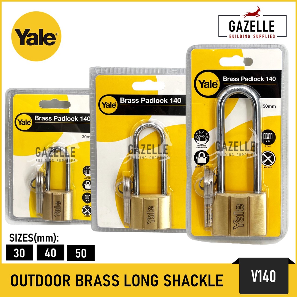 Yale V140 Outdoor Brass Heavy Duty Long Shackle Padlocks w/ 3 Keys - 30mm / 40mm / 50mm | Shopee ...