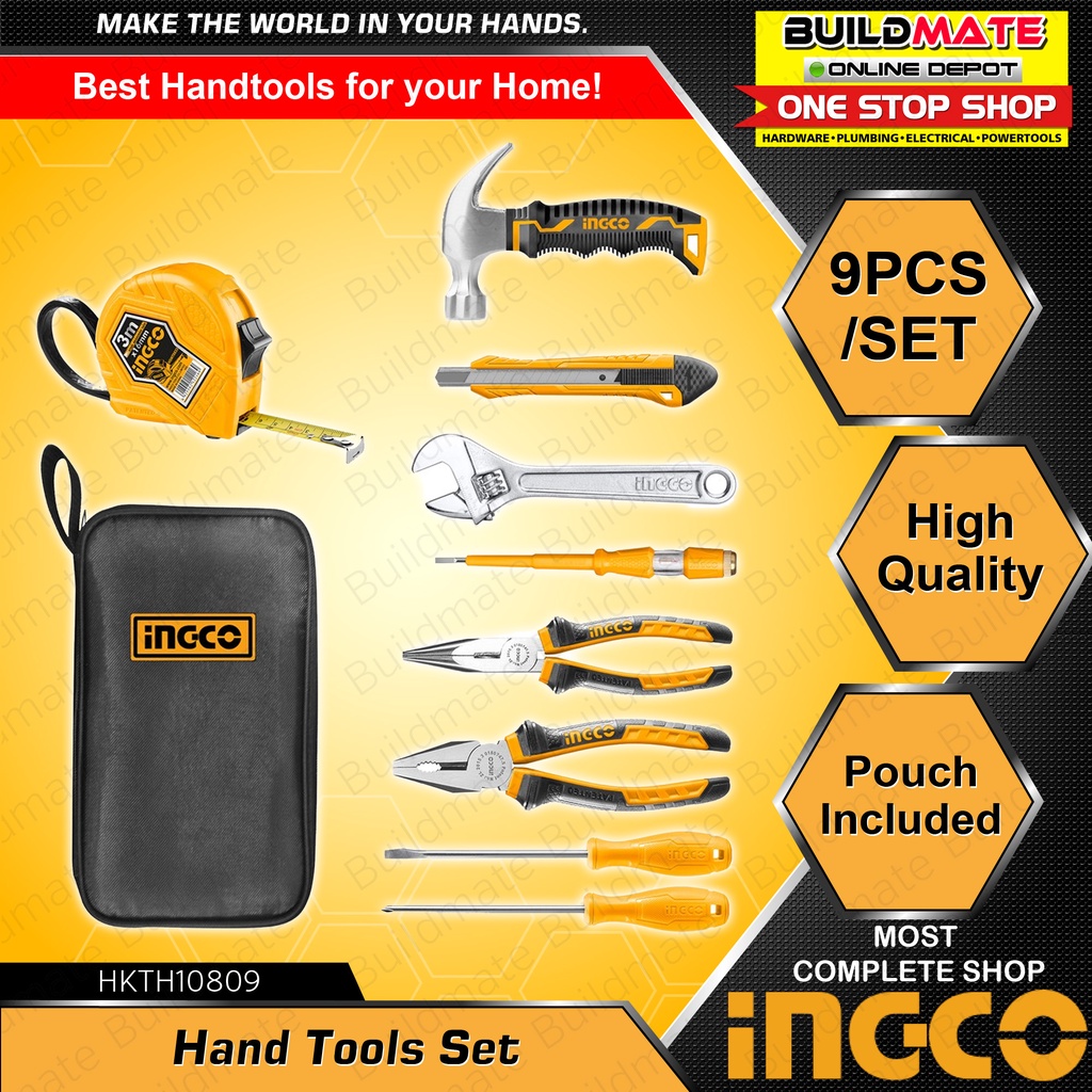 Buildmate x INGCO 9PCS Hand Tools Set Screwdriver Steel Measuring Tape Mini Claw Hammer Wrench ...