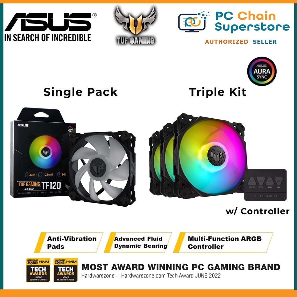 ASUS TUF Gaming TF120 ARGB 120mm Single Pack / Triple Kit Case Fan ...