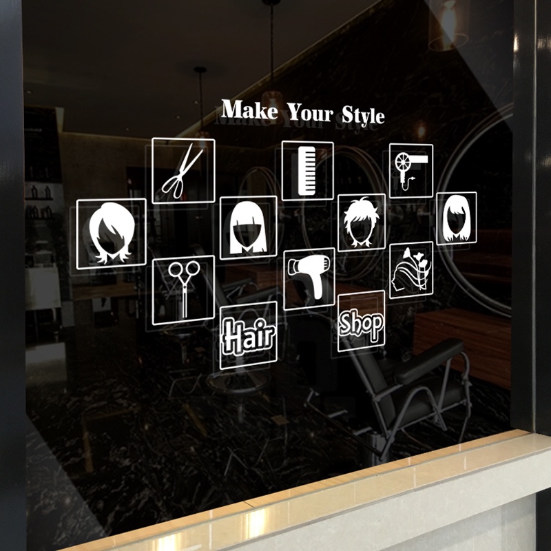 Shop Window Glass Door Vinyl Wall Sticker Hair Salon Tools Barbershop ...