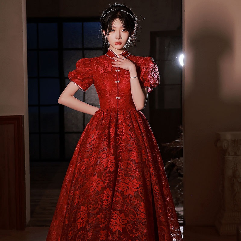 Wine Red/White Lace Bride Toast Dress Chinese Wedding Engagement Stand ...