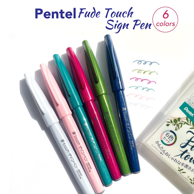 PENTEL Fude Touch Sign Pen Calm Colors 6 Color Set Soft Tip Marker Pen ...