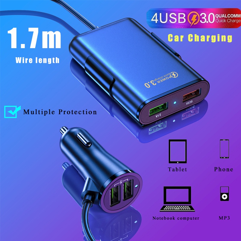 QC3.0 Quick Car Charger USB Charger + Front Back Seat Charger 4 Port ...