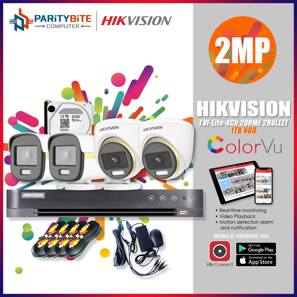 HIKVISION 4CH 2MP 4Cameras (2 Outdoor Bullet, 2 Indoor Dome/Turret) ColorVU Audio (With 1TB HDD ...