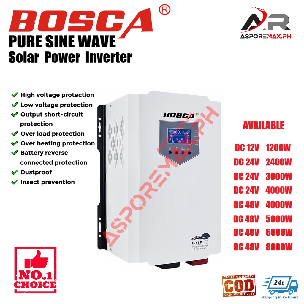 BOSCA Pure Sine Wave Solar Power Inverter DC 12V/24/48V To AC 220V 1 ...