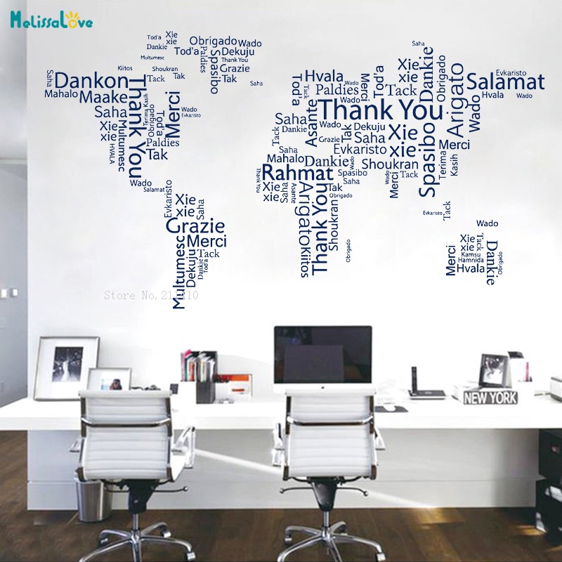 Quote World Map Words Cloud Vinyl Wall sticker Decals Thank You Office ...