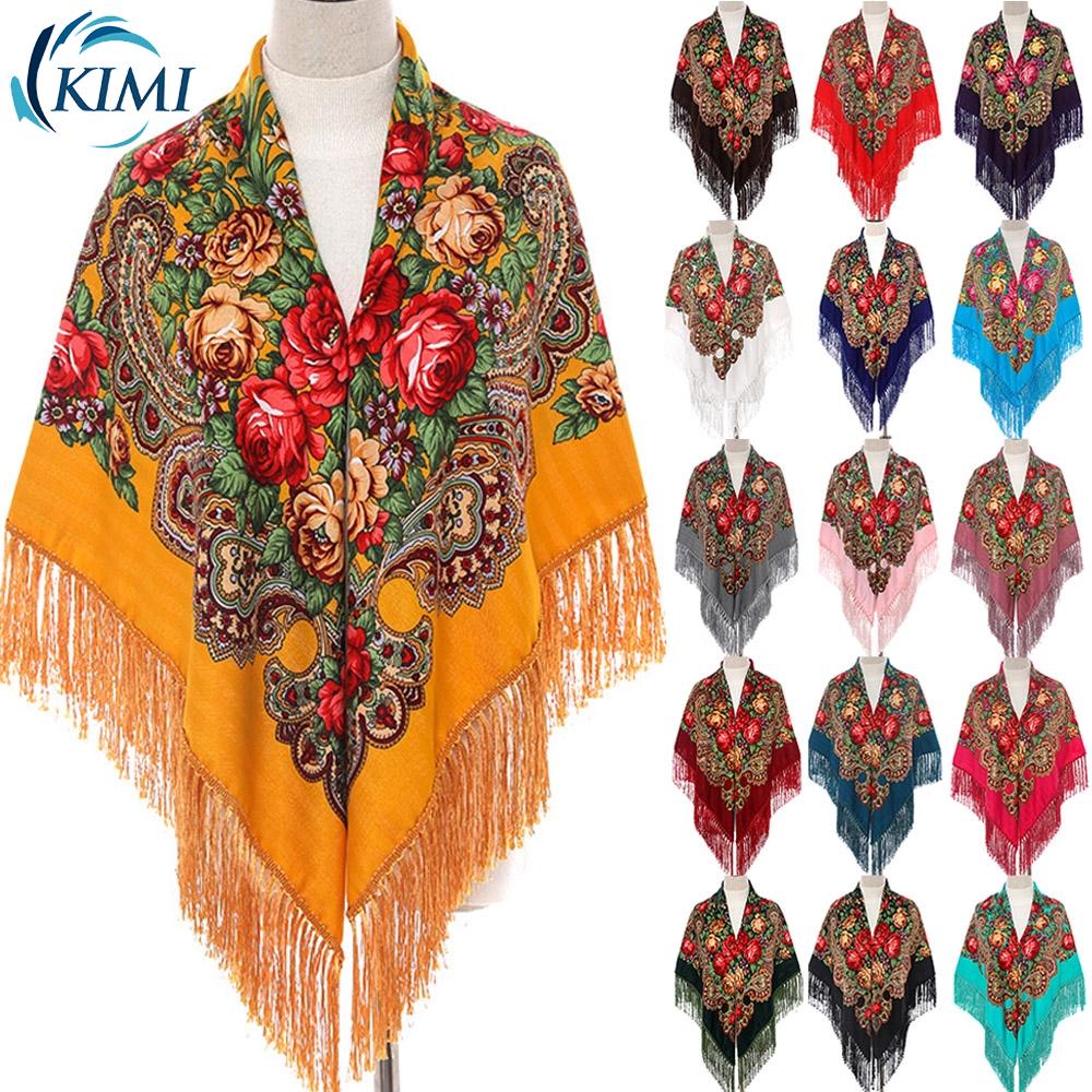 KIMI-Ethnic Floral-Women Muslim Russian Vintage Fringe Long Scarf ...