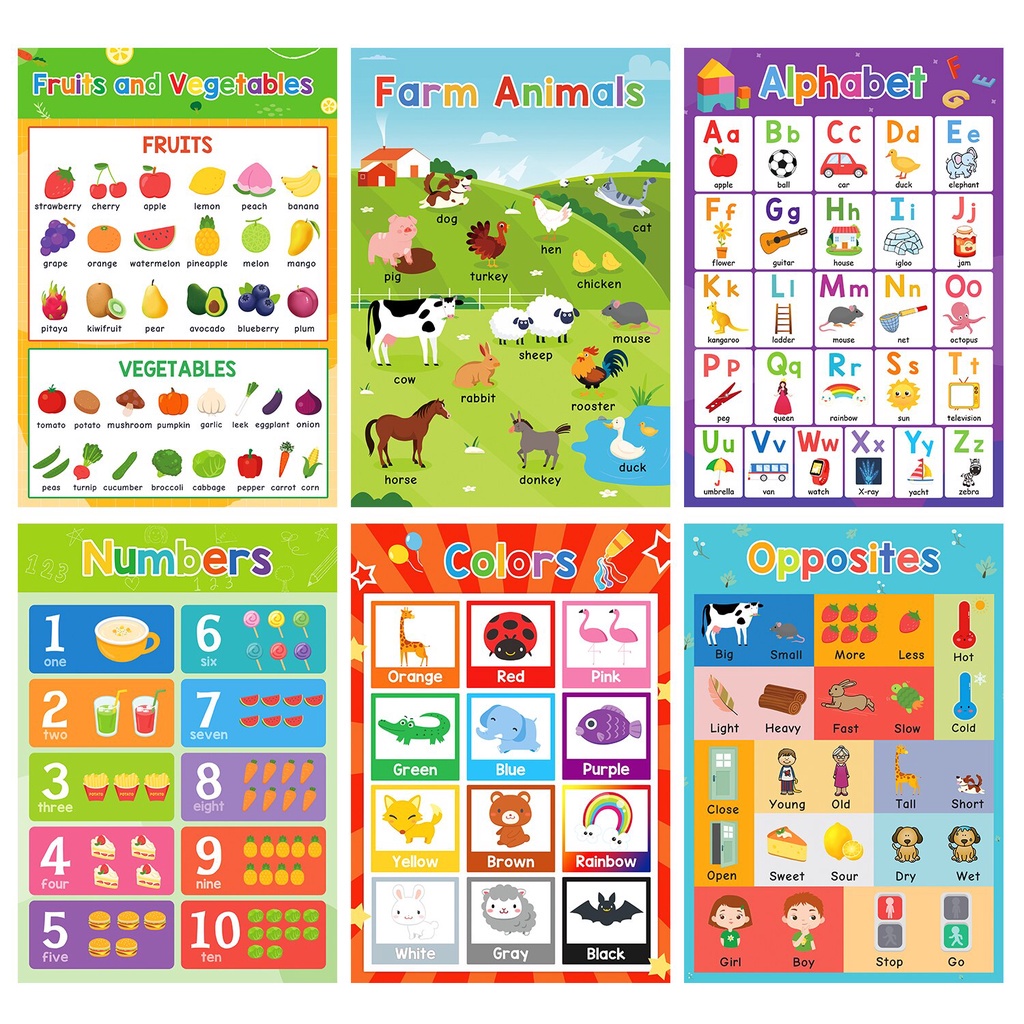 6 Pcs/A3 Big Size Animals Numbers Alphabet Colors Posters 29*42cm ...