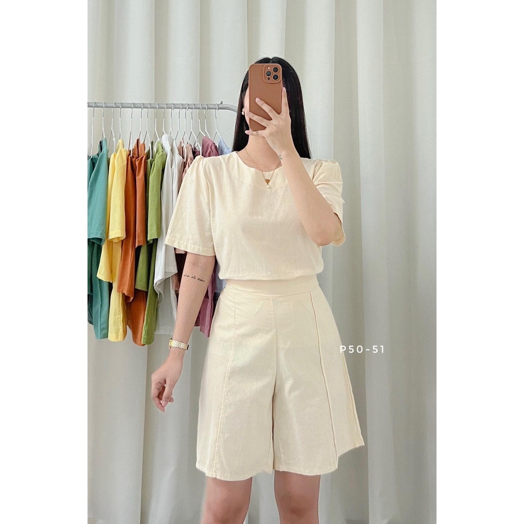 Cotton Linen Puff Sleeve Top Long Short Terno | Shopee Philippines