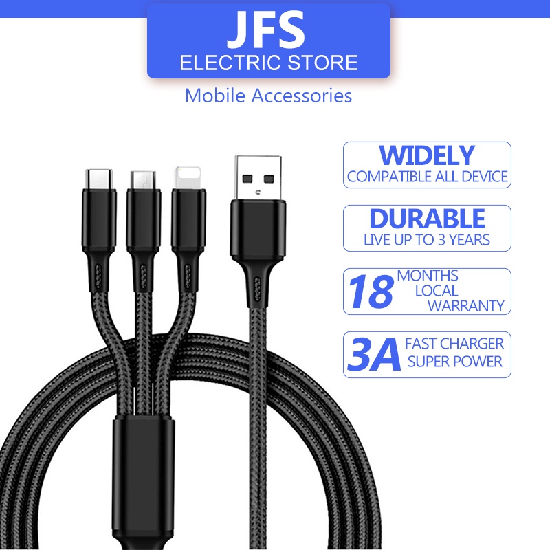 JFS 3 IN 1 Charger 3A Fast Charger Cable Type C / IP / Android Micro ...