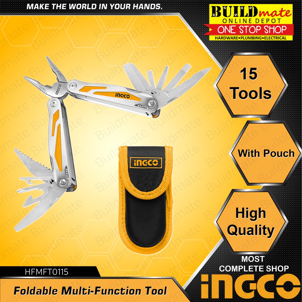 BUILDMATE Ingco Foldable Multi-Function Tool 15 Tools w/ POUCH Pliers Cutter Driver HFMFT0115 ...