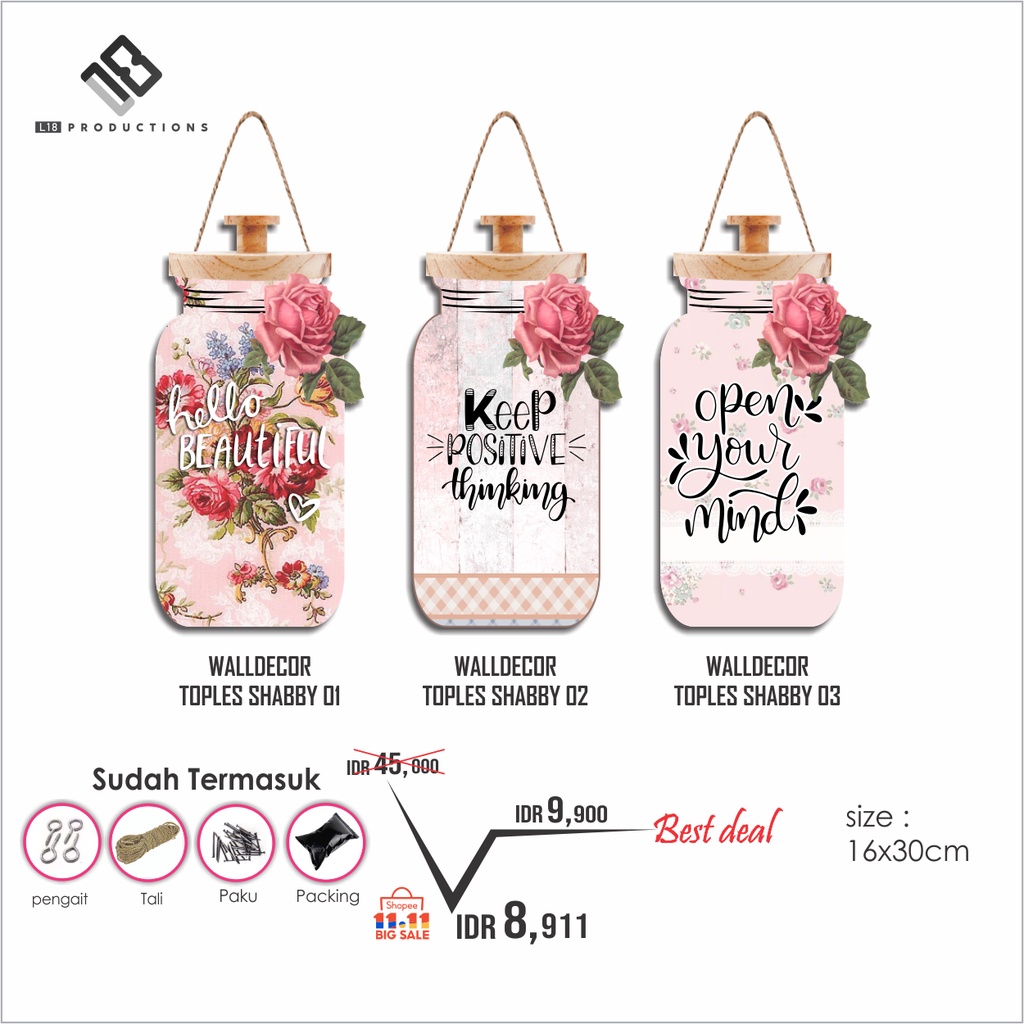 HIASAN DINDING Wall Hanging Display Wall Decor Shabby Flower Pink Jar ...