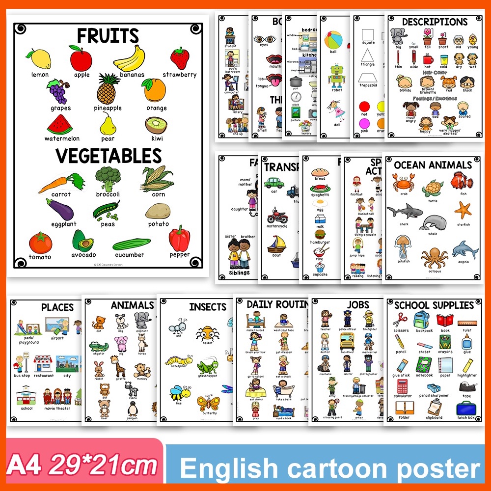 Children English Words Learning poster Colourful A4 poster Classroom ...