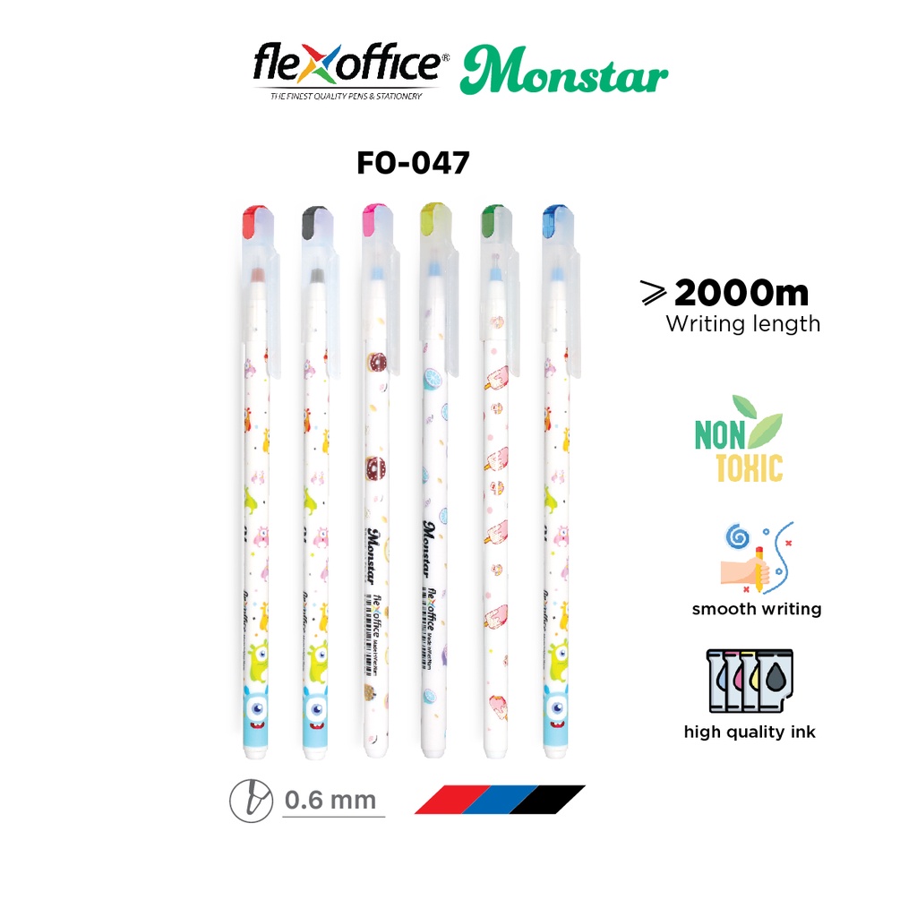 FlexOffice Monstar Ballpoint Pen 0.6mm- 3pc/6pcs/12pcs - Black Ink - FO-047 School/Office ...