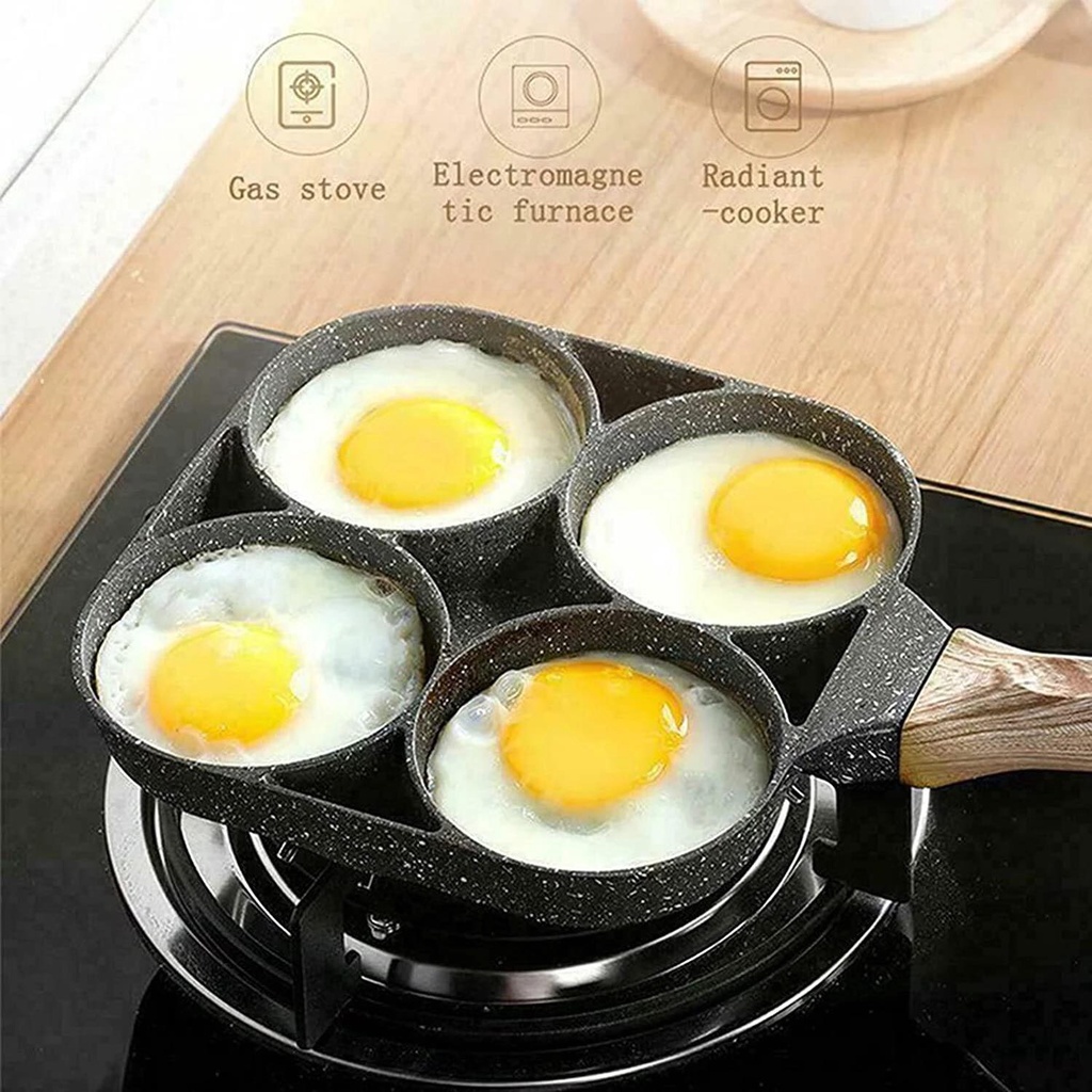 KIMH:4 Hole Omelet Pan for Burger Egg Ham Pancake Maker Wooden Handle ...