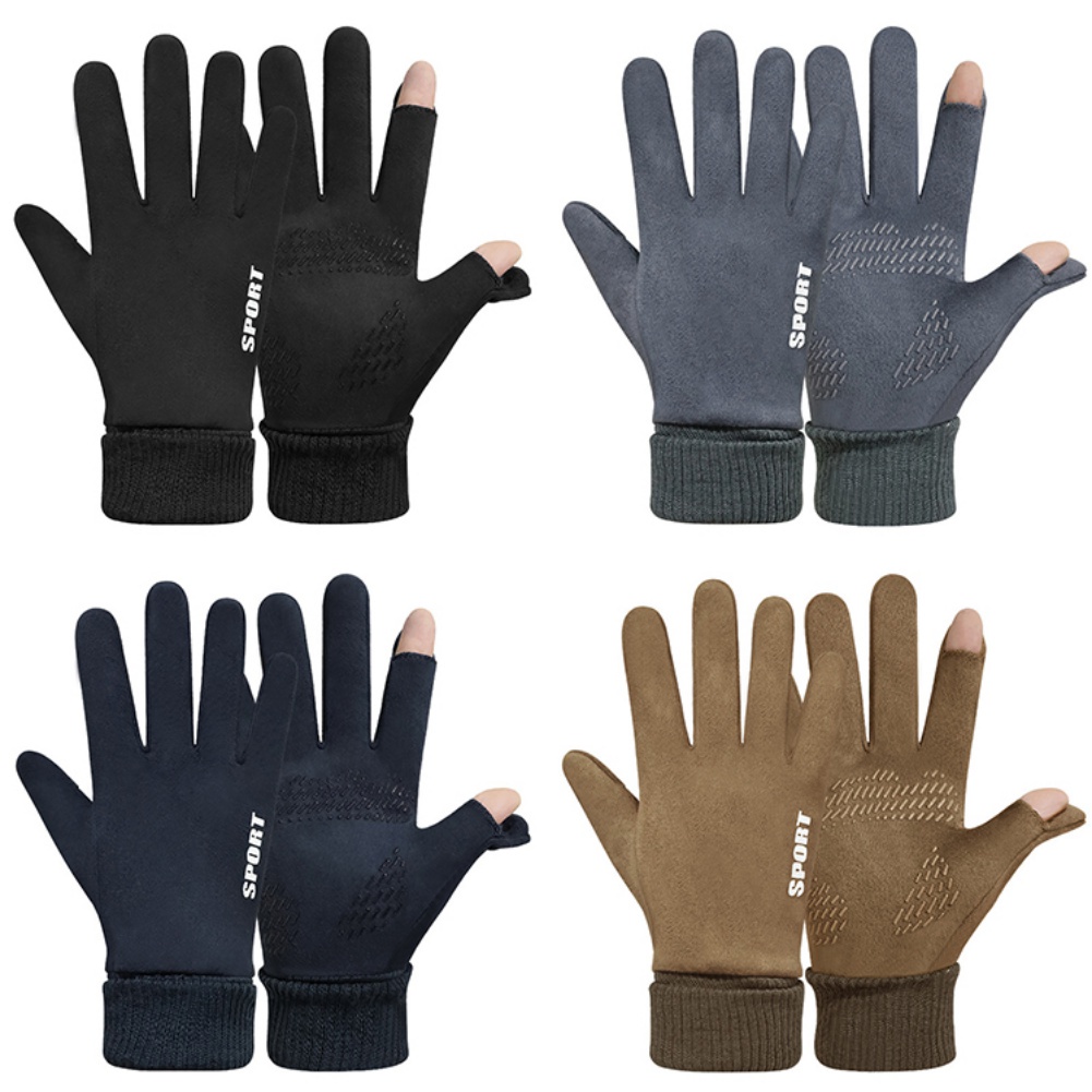 Two-finger Gloves Men's Winter Suede Full-finger Gloves Plus Fleece ...