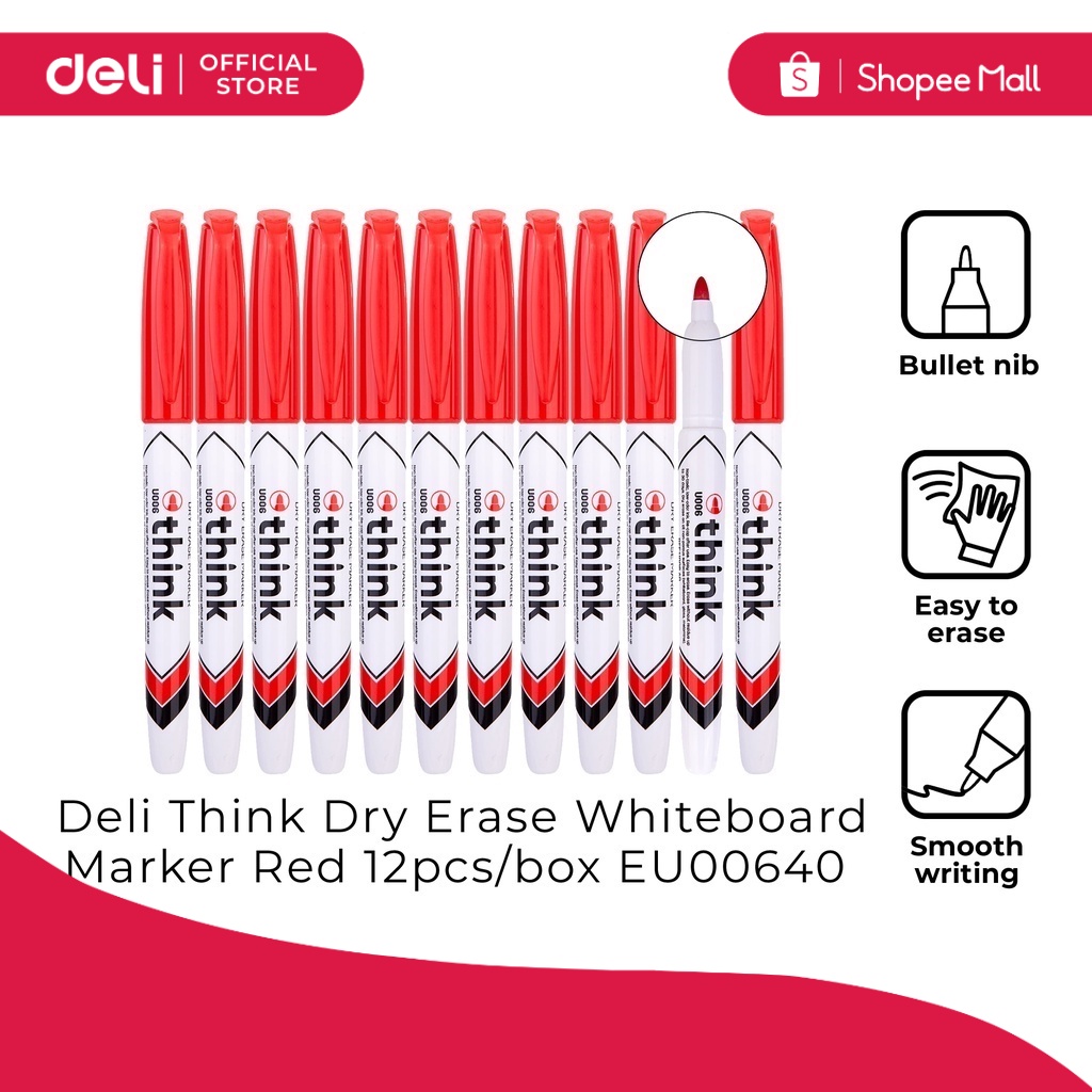 Deli EU00640 Think Dry Erase Whiteboard Marker Red 12pcs/box (1BOX ...