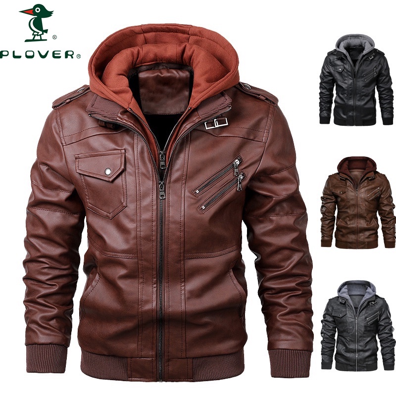 PLOVER Men's Leather Jacket High-Quality PU Motorcycle With Detachable ...