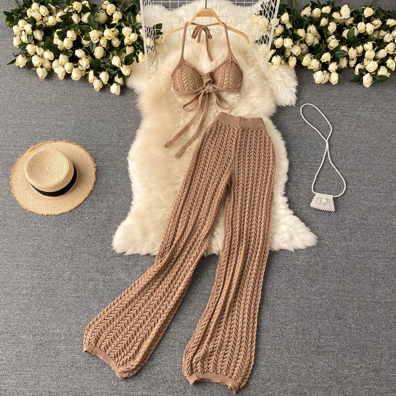 Women Summer Design Knitted Set Sexy Backless Halter Short Tops+Chic ...