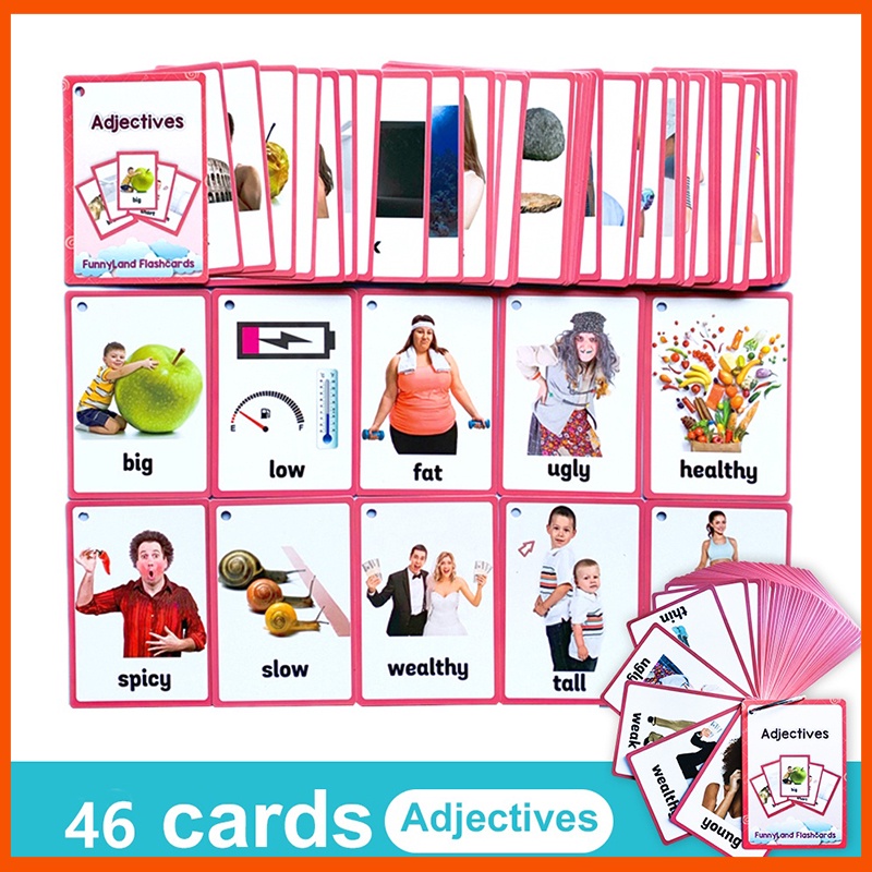 46Pcs/Set Adjectives Children Learning English Flash Card Cognitive ...
