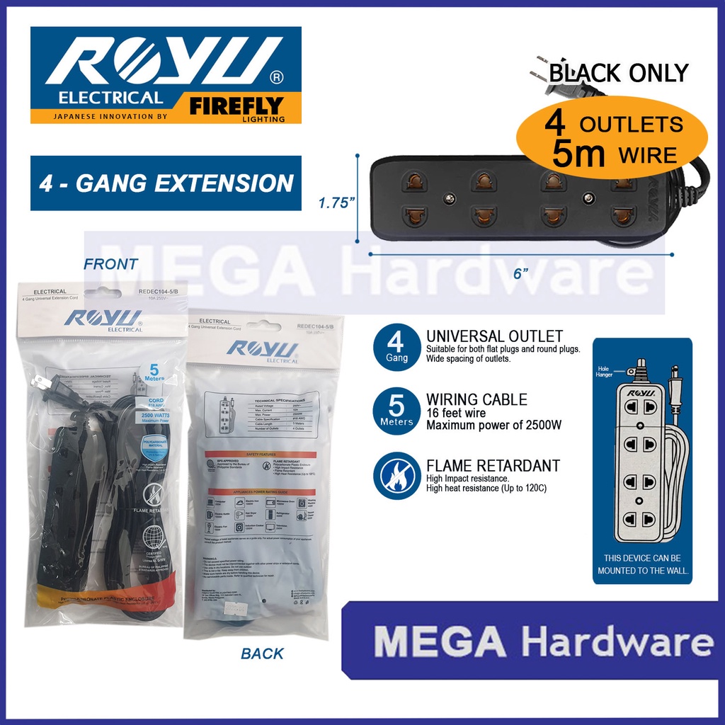 ROYU Extension Cord NO SWITCH 2 gang 3 gang 4 gang 10 meters 5 meters 4 ...