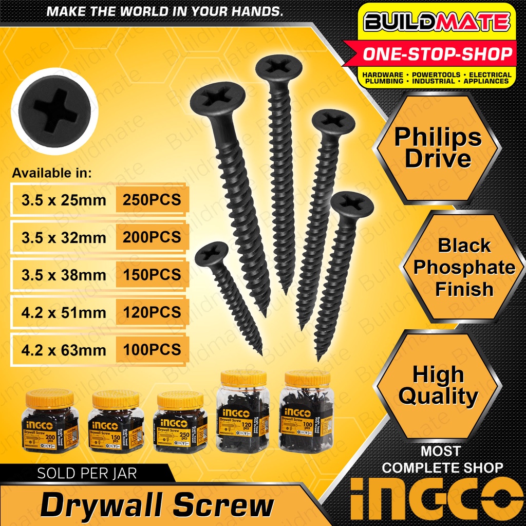 Buildmate x INGCO Philip Gypsum Wood & Drywall Black Screw in a JAR IHT ...