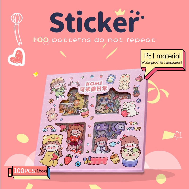 100PCS Korean Cute Waterproof Sticker Set Transparent Stationary ...