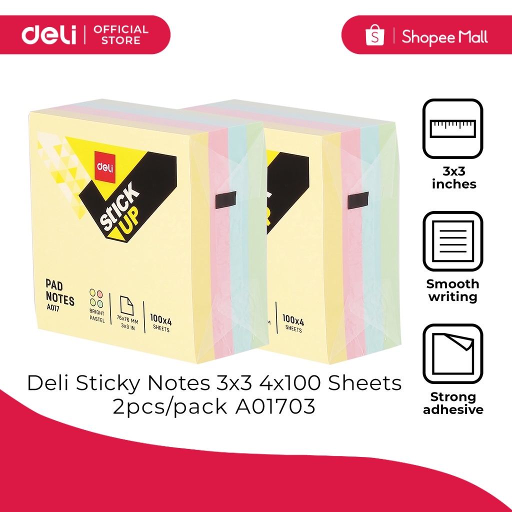 Deli A01703 Sticky Notes 3x3 4x100sheets 2pcs/pack [79A01703] | Shopee ...