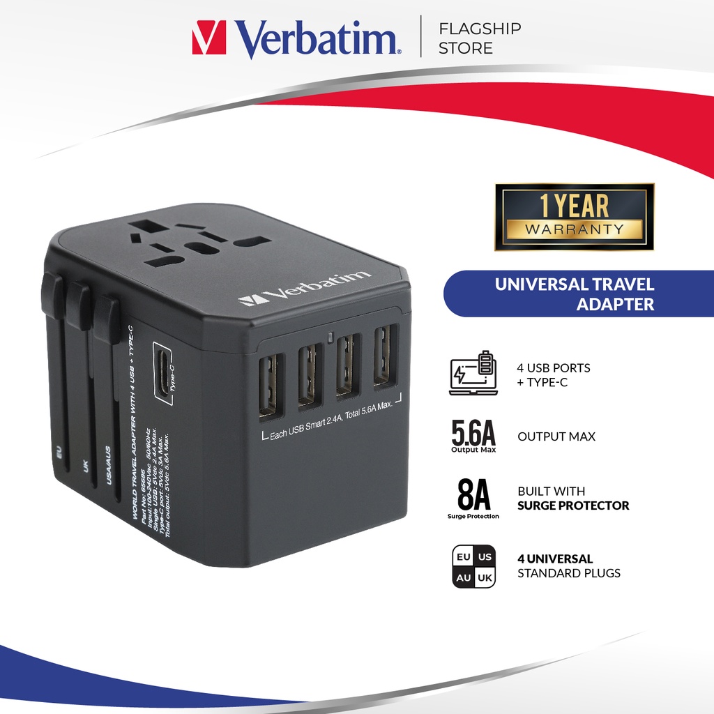 Verbatim ADP-65686 5-Port Universal Travel Adapter/Phone/Laptop ...