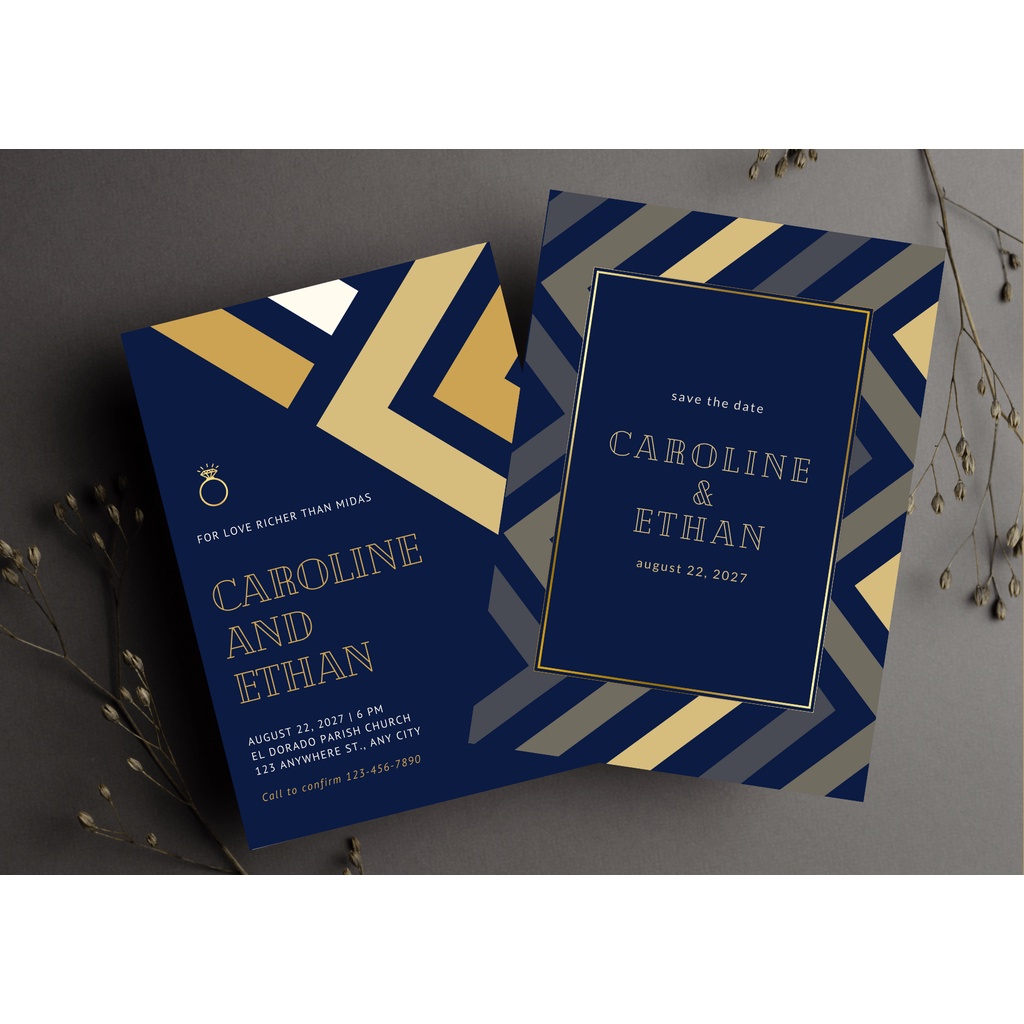 Chevron Zig-zag Geometric Wedding Invitation Template, Navy Blue & Gold ...