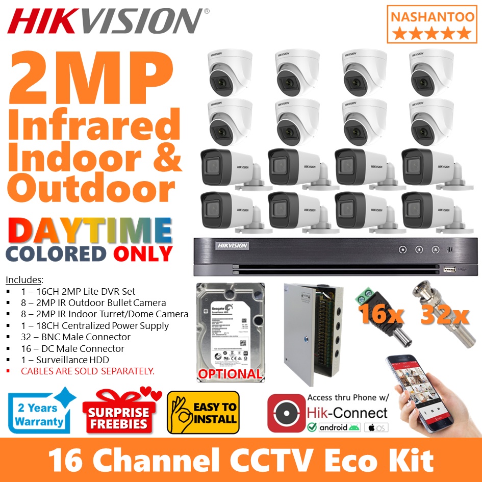Hikvision 16CH 2MP IR 16Cam (8 Outdoor, 8 Indoor) DIY CCTV Package Kit ...