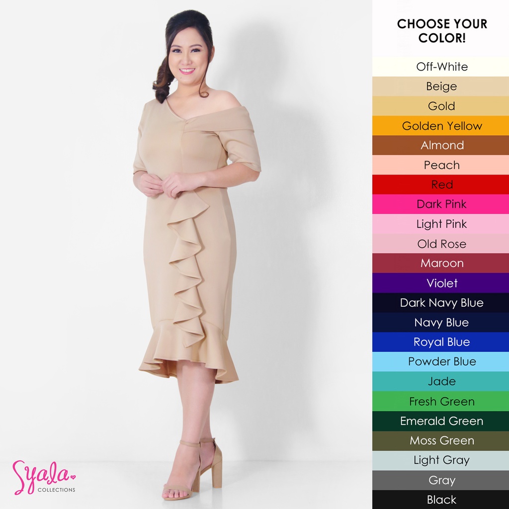 Asymmetric Neckline Ruffled Party Plus Wedding Plain Beige Dress Syala ...