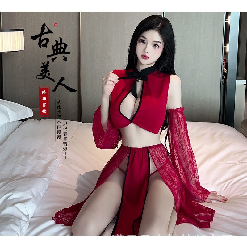 Urp 2022 Erotic Lingerie Sexy Jacquard Hanbok Passion Breastless Nightgown See Through