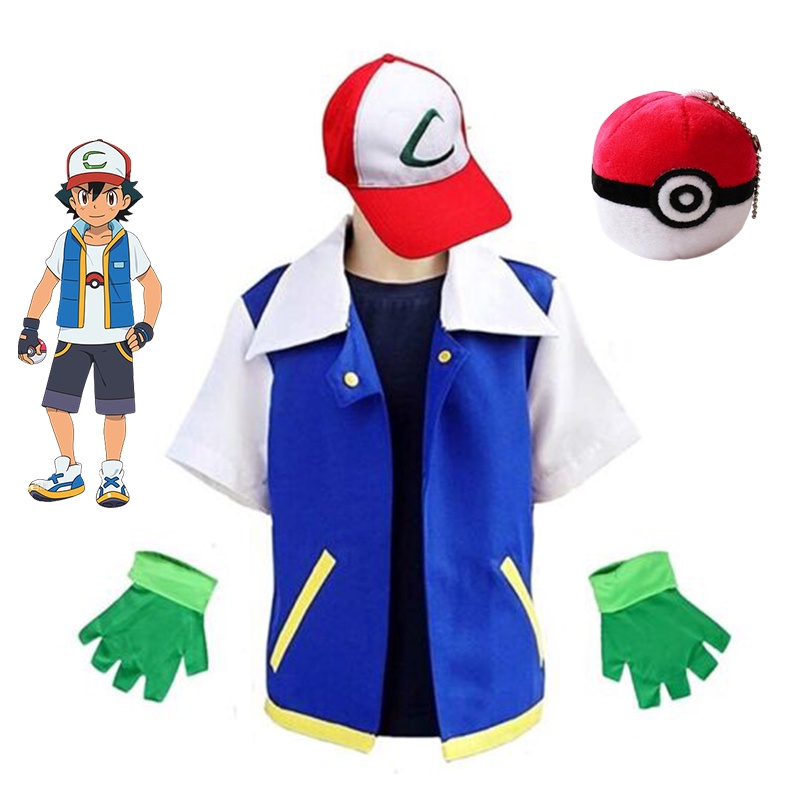 Pokemon Ash Ketchum Cosplay Costume Full Set Adults Jacket Gloves Hat ...