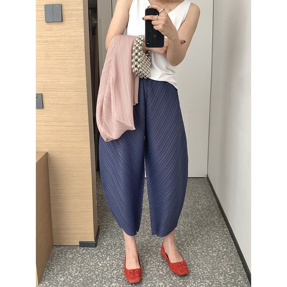 Miyake Pleated Japanese Style Artistic Arc Banana Pants Ankle-Leg Pants ...