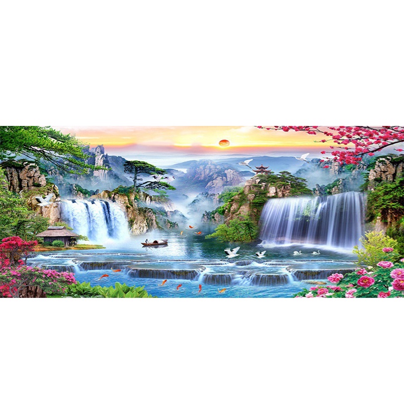 Sunrise Waterfall Scenery 5D Diamond Painting Nine Fish Full Bead Cross ...