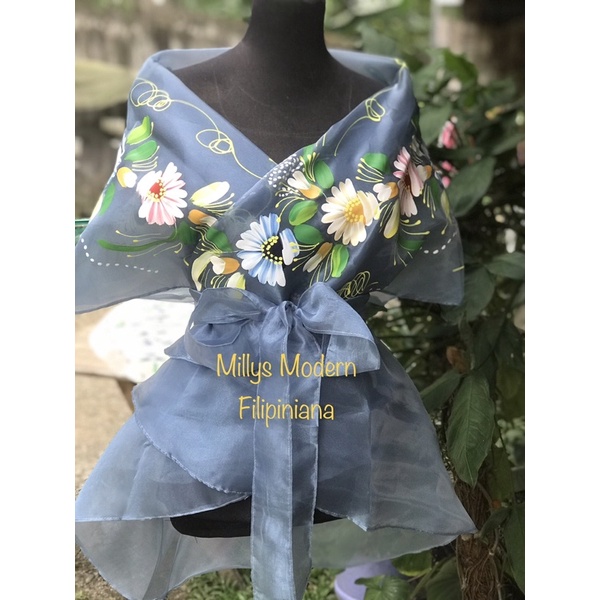 Modern Filipiniana wrap around / Dusty Blue Handpaint | Shopee Philippines