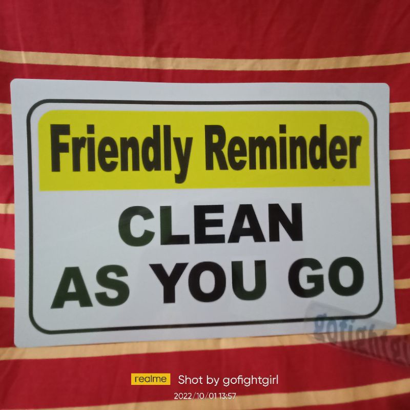 Friendly Reminder Clean as you go Signage PVC Plastic (7.8x11 inches ...