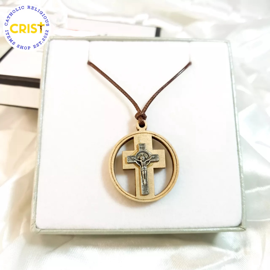 Round Wood Crucifix Necklace silver coating Metal Catholic Religious ...
