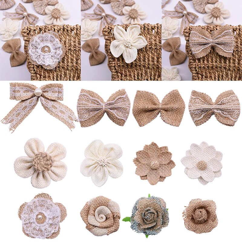 Handmade Natural Burlap Flowers, Bow Knots, Ribbon for Party & Decors ...