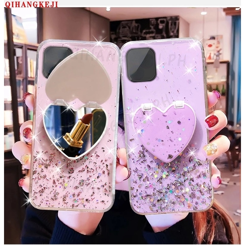 COD Glitter Phone Case Heart Shaped Mirror Bracket Cover For OPPO A55 ...